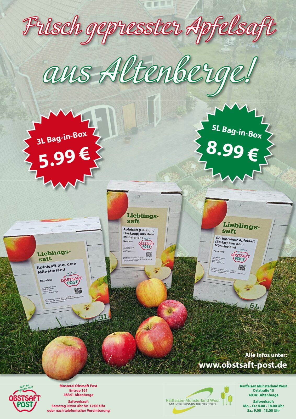 Frisch gepresster Apfelsaft zu kaufen - Mosterei Obstsaft Post Altenberge